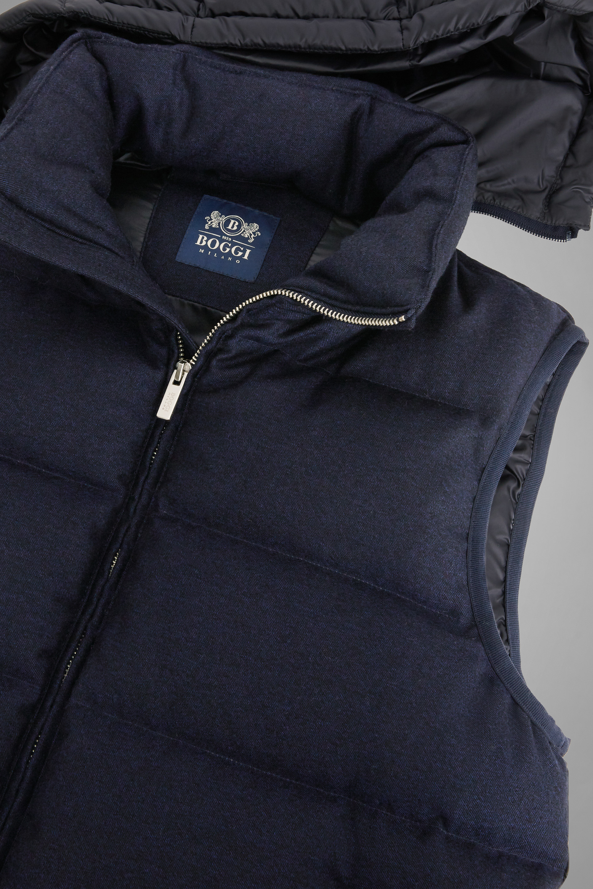 Shop Boggi Milano Sleeveless Wool And Nylon Down Jacket With Hood Blue ...