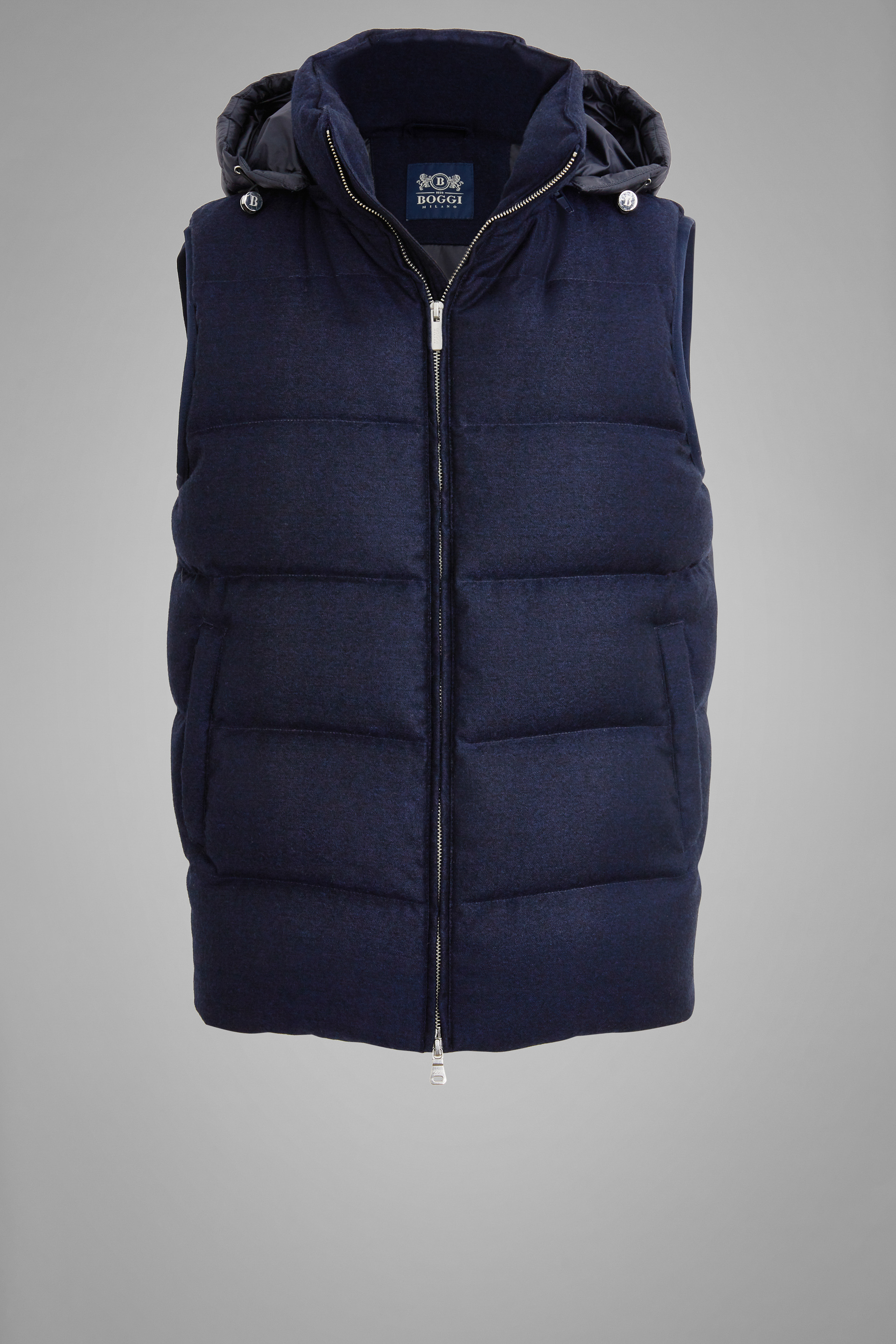 Shop Boggi Milano Sleeveless Wool And Nylon Down Jacket With Hood Blue ...