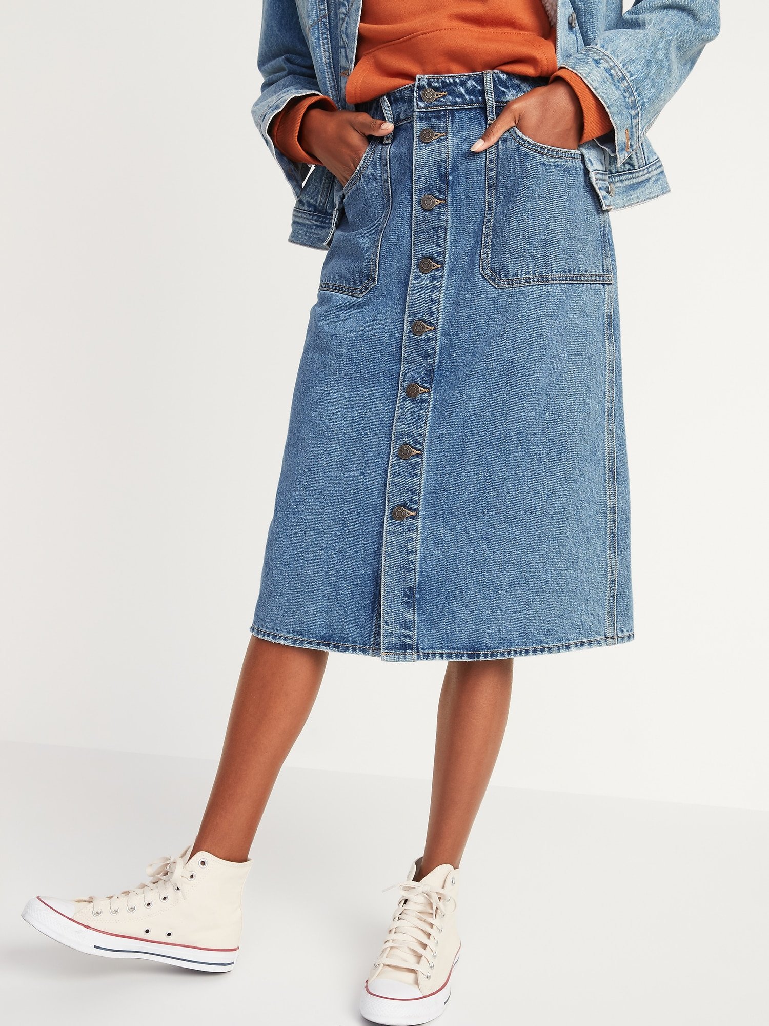 Shop Old Navy Blue Mid Rise Button Front Midi Jean Skirt For Women